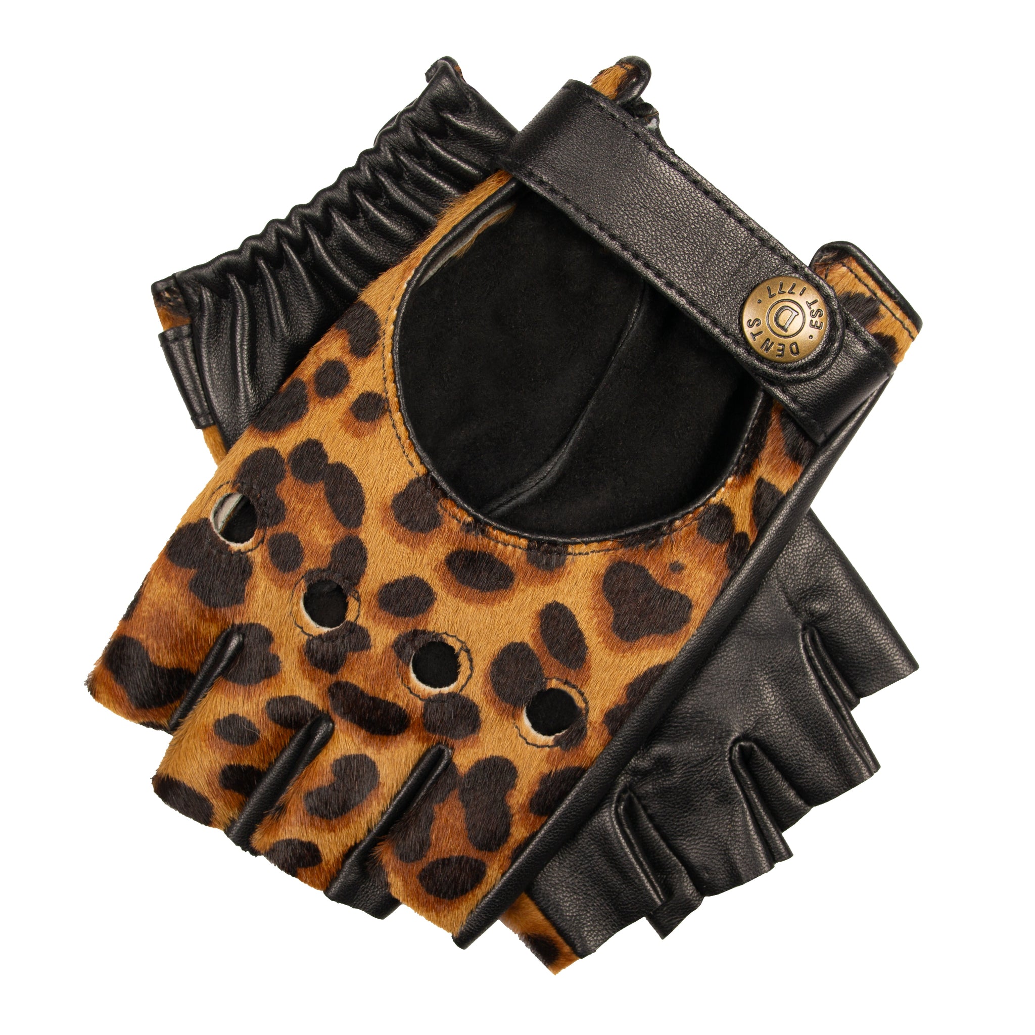 Women's Fingerless Leather Driving Gloves with Leopard Print Design | Dents